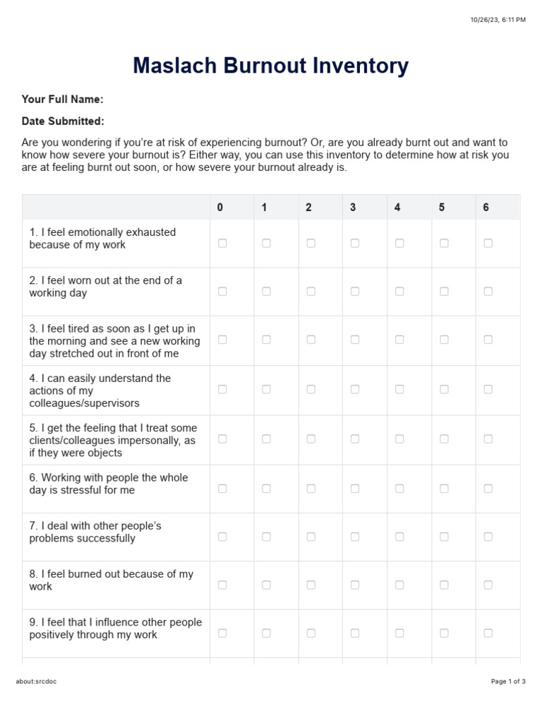 Maslach Burnout Inventory Assessment | PDF | Occupational Burnout ...