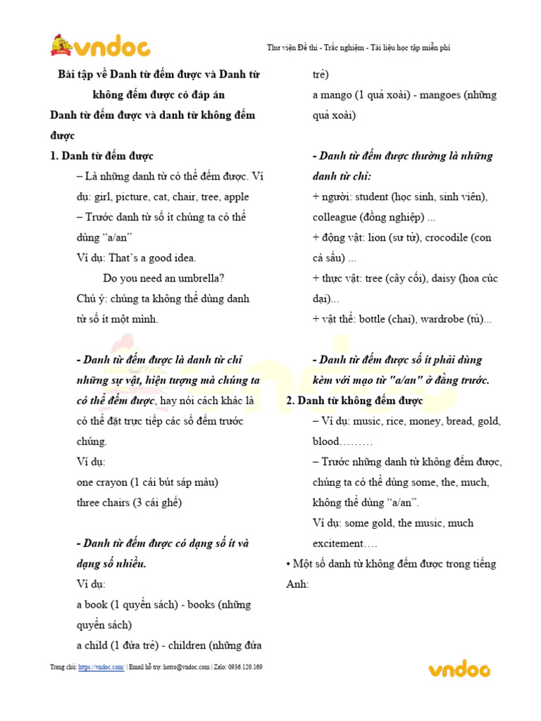 Bai Tap Ve Danh Tu Dem Duoc Va Danh Tu Khong Dem Duoc Co Dap An | PDF