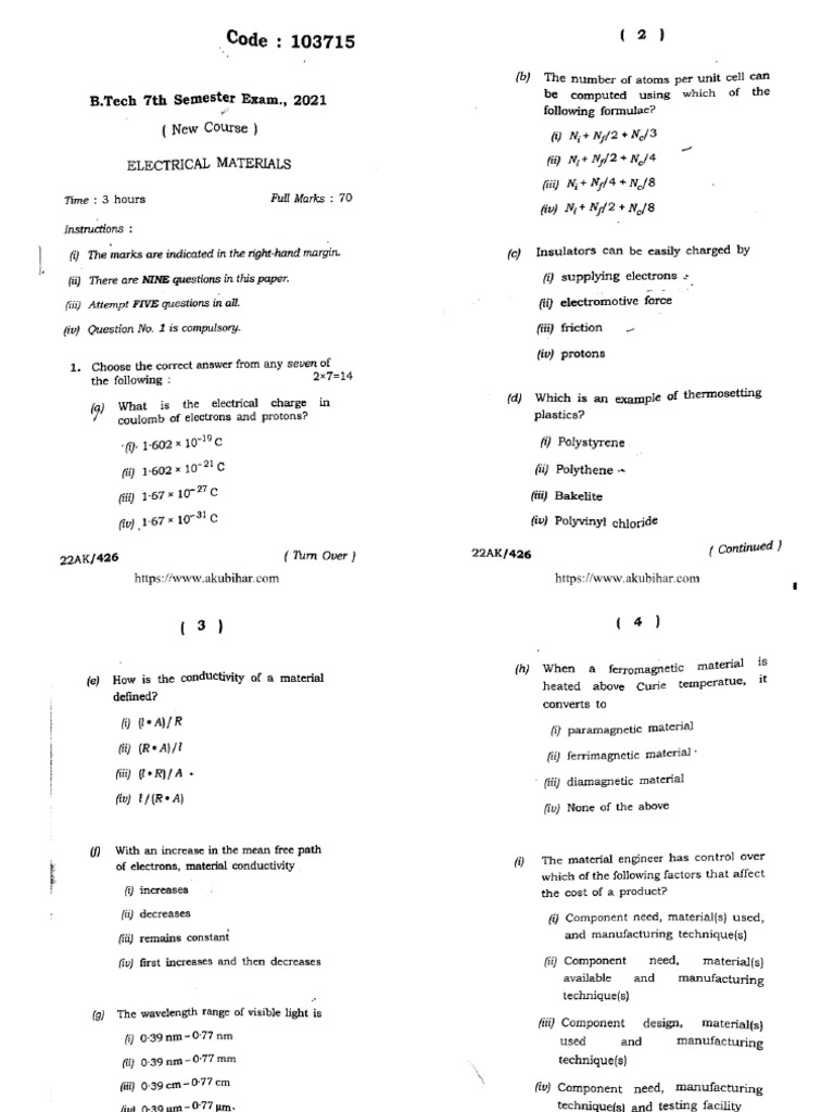 Btech 7 Sem Electrical Materials 103715 2021 | PDF