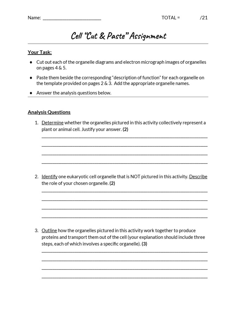 Cell "Cut & Paste" Assignment | PDF | Organelle | Cell (Biology)