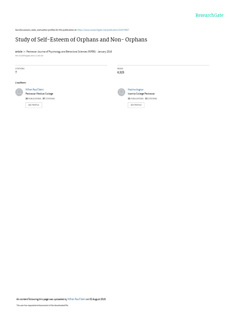 Studyofself Esteemoforphansandnon Orphans | PDF | Self Esteem | Self Concept
