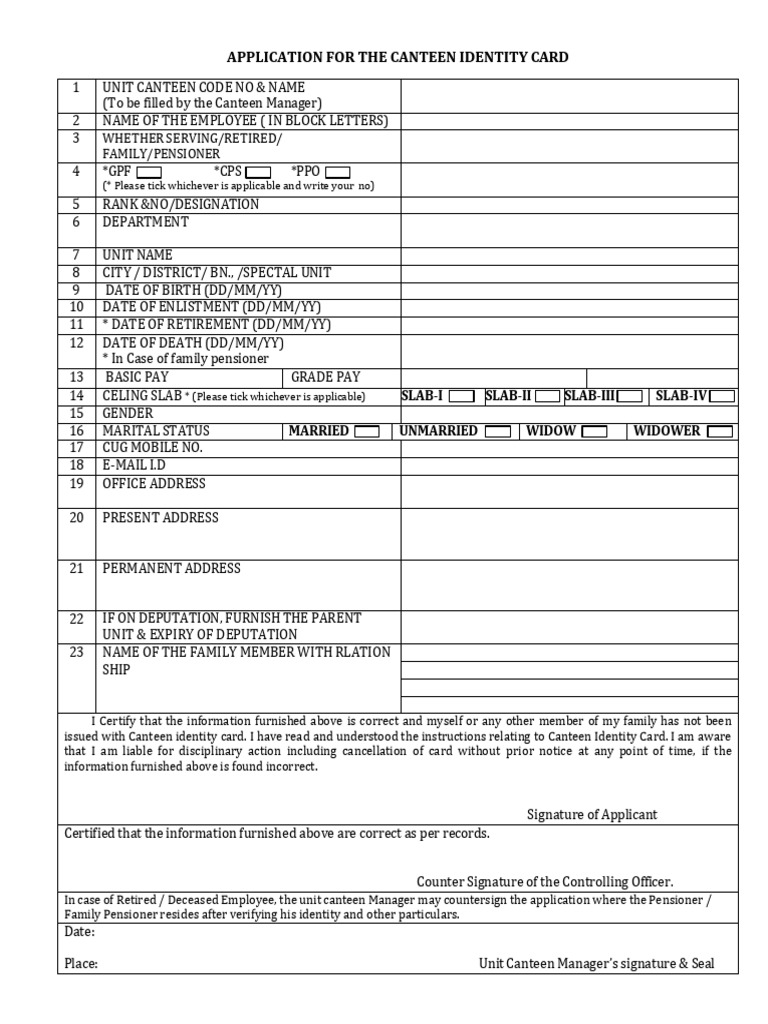 Canteen Id Card Form | PDF | Identity Document | Access Control