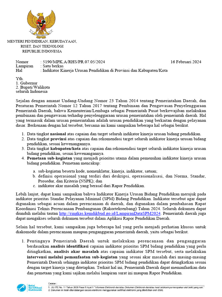 Surat Mendikbidristek Indikator-Kinerja-Urusan Pendidikan 2024 (TA 2025 ...