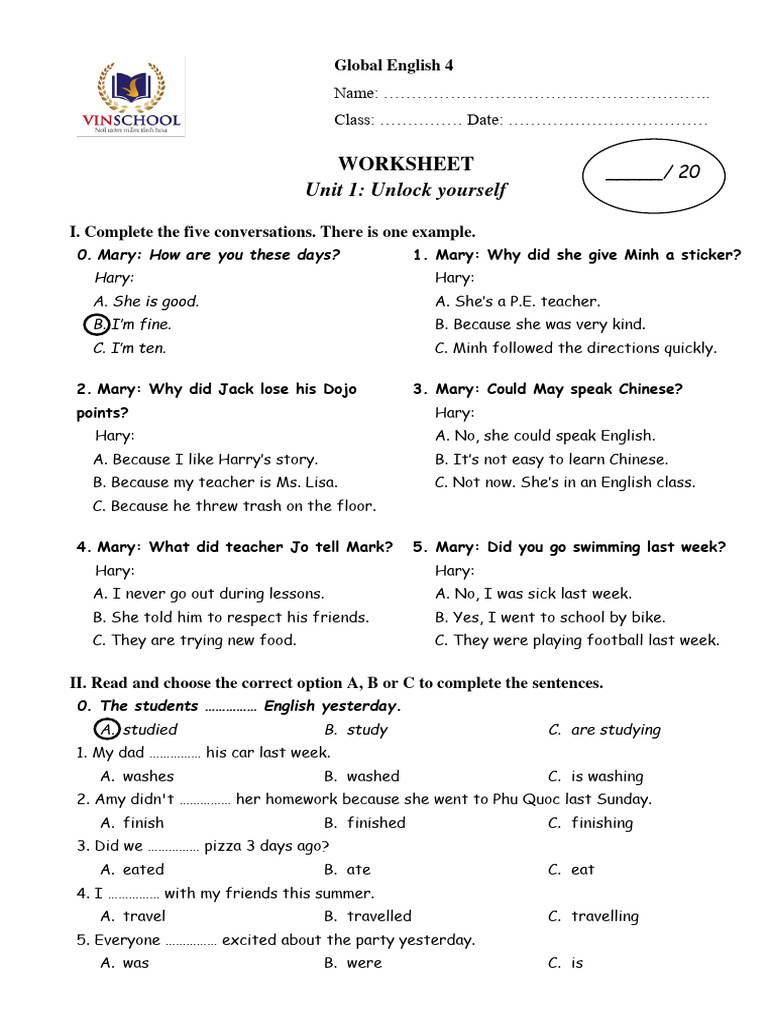 S4.W1.U1.WS. Phiếu cuối tuần | PDF