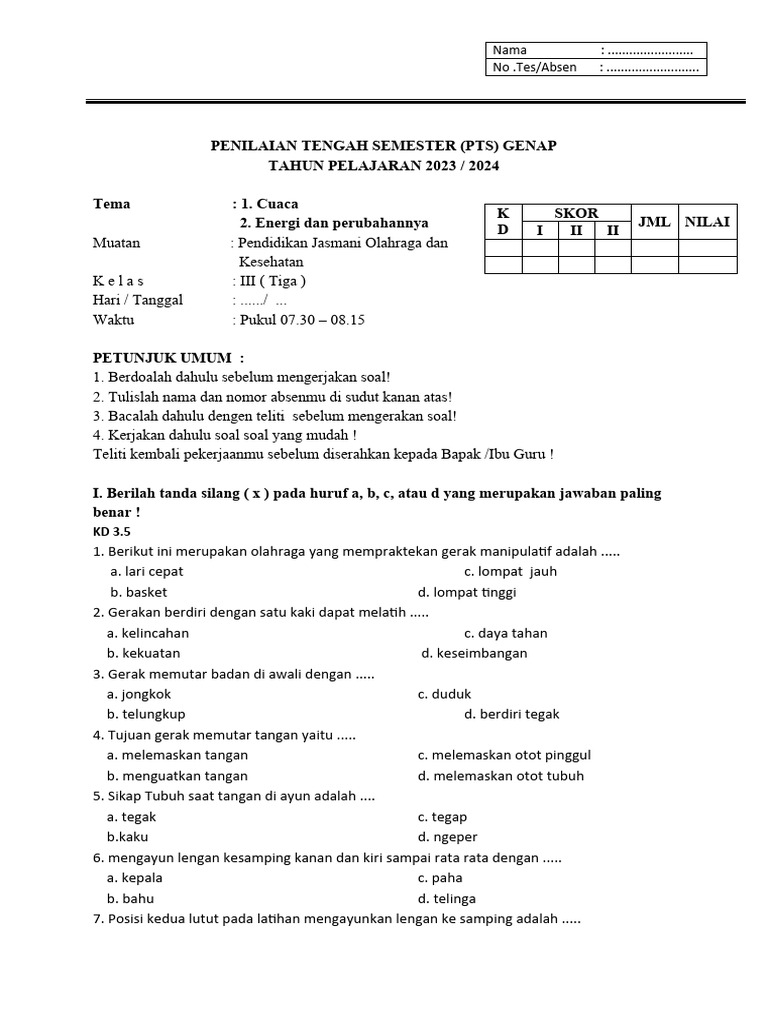 SOAL PTS 2 Mapel PJOK Kelas III | PDF
