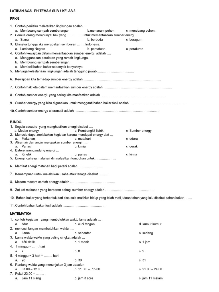 Latihan Soal PH Tema 6 Sub 1 Kelas 3 | PDF