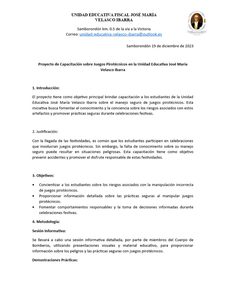 Proyecto de Capacitación Sobre Juegos Pirotécnicos en La Unidad Educativa José María Velasco ...