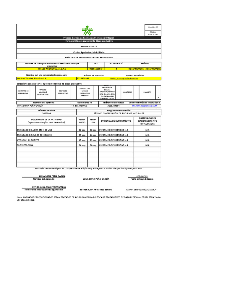 Bitacora 4 Luna Sofia Excel Septiembre Word | PDF