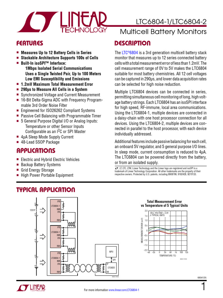 Features Description: Ltc6804-1/Ltc6804-2 Multicell Battery Monitors ...