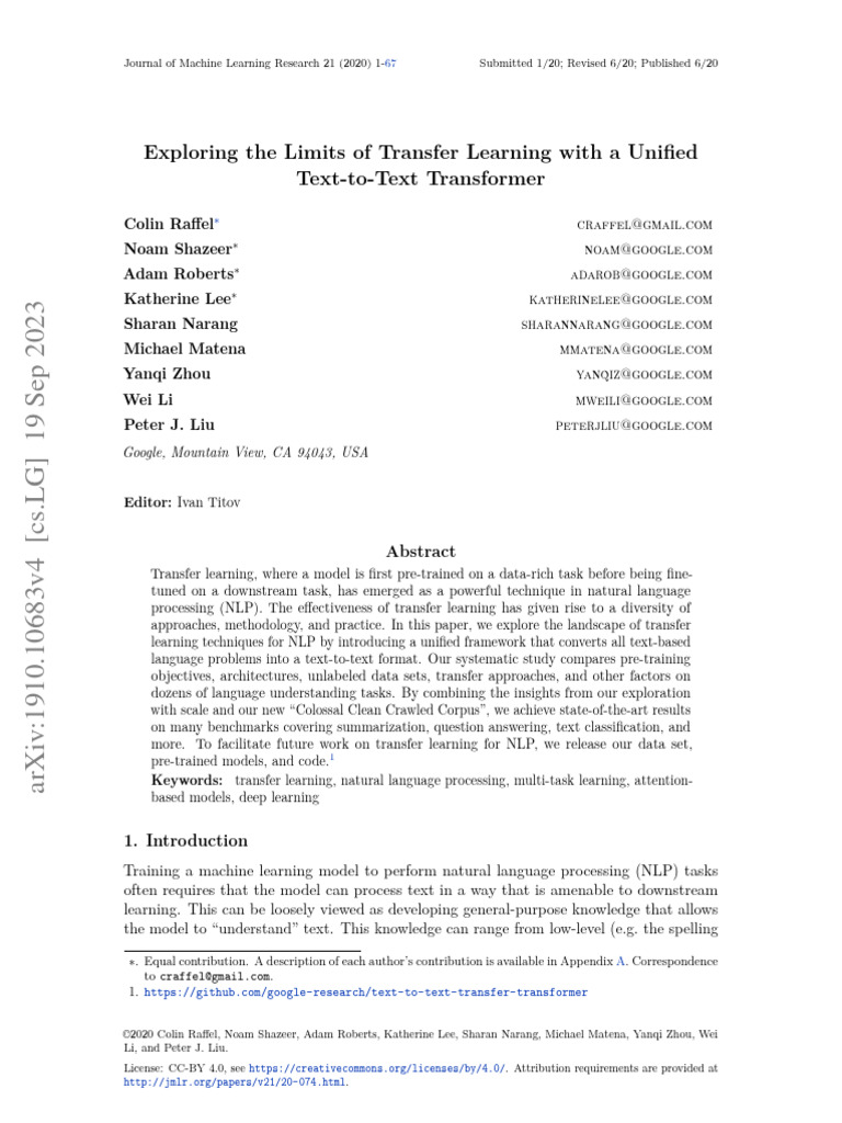 Exploring The Limits Of Transfer Learning With A Unified Text To Text Transformer Pdf