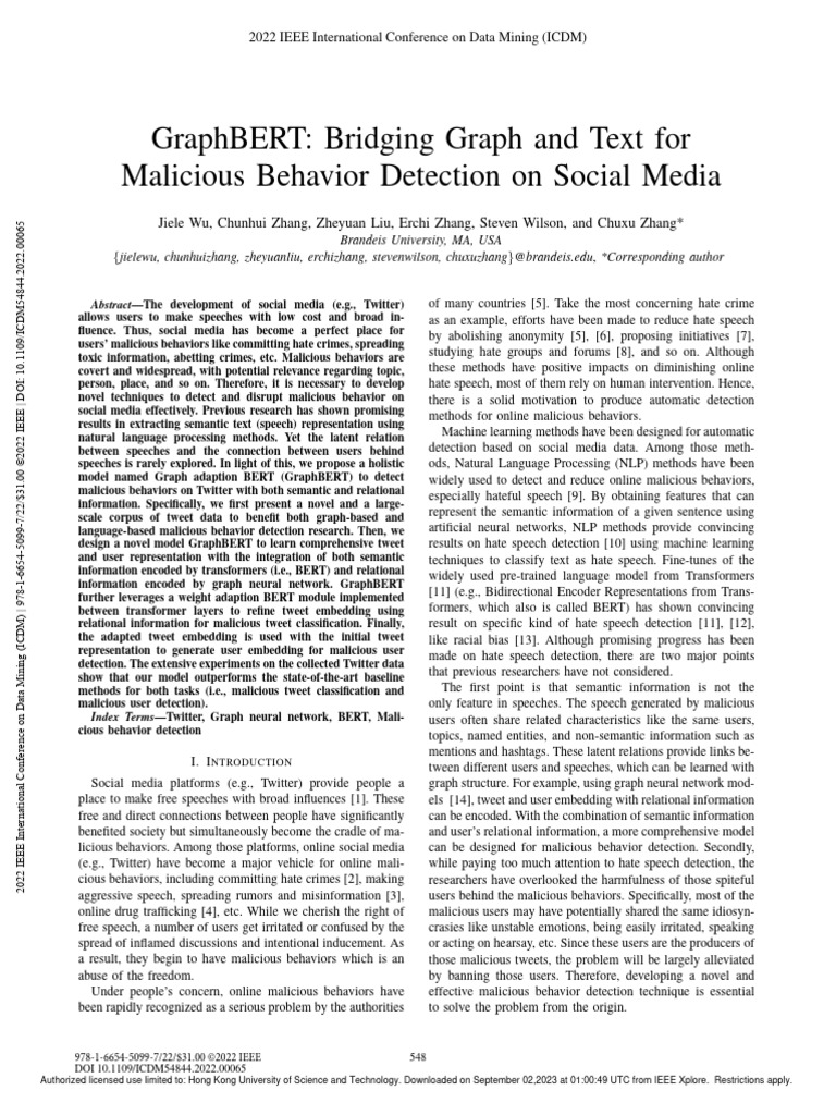 Graph BERTBridging Graphand Textfor Malicious Behavior Detectionon Social Media | PDF ...