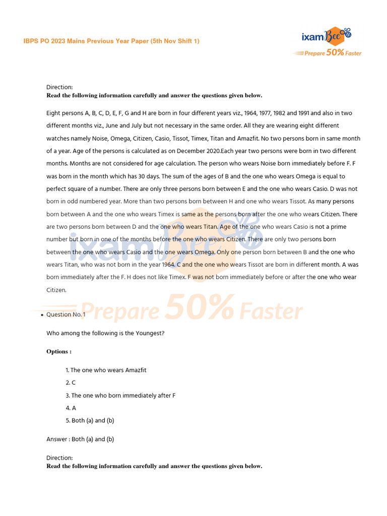 IBPS PO 2023 Mains Previous Year Paper (5th Nov Shift 1) | PDF | Blue ...