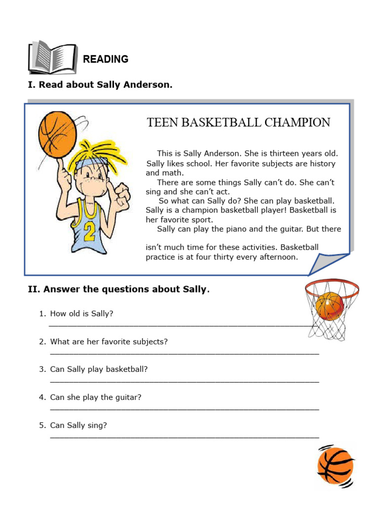 Teen Basketball Champion Grammar Drills Reading Comprehension Exercises ...