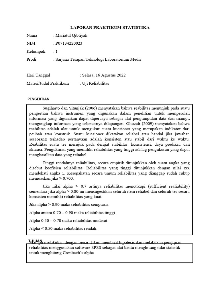LAPORAN PRAKTIKUM STATISTIKA Releabilitas | PDF | Metode & Bahan Ajar