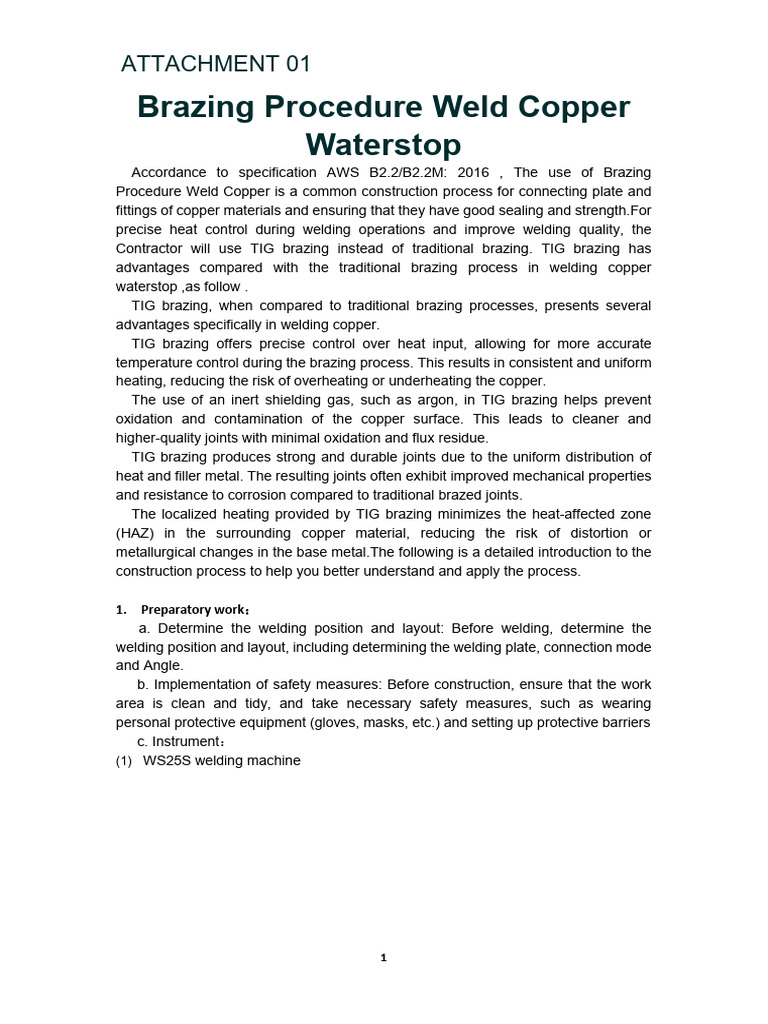 TIG Brazing Procedure for Copper Waterstop | PDF | Welding | Construction