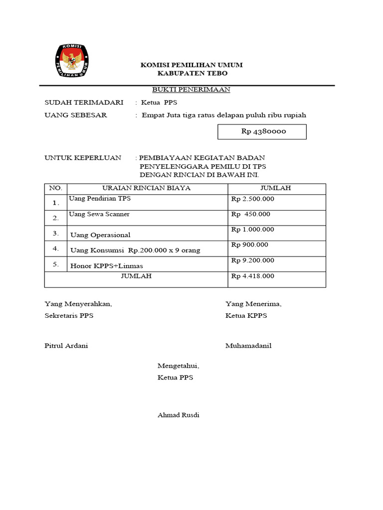 Contoh SPJ Penggunaan Dana TPS-Transfer | PDF