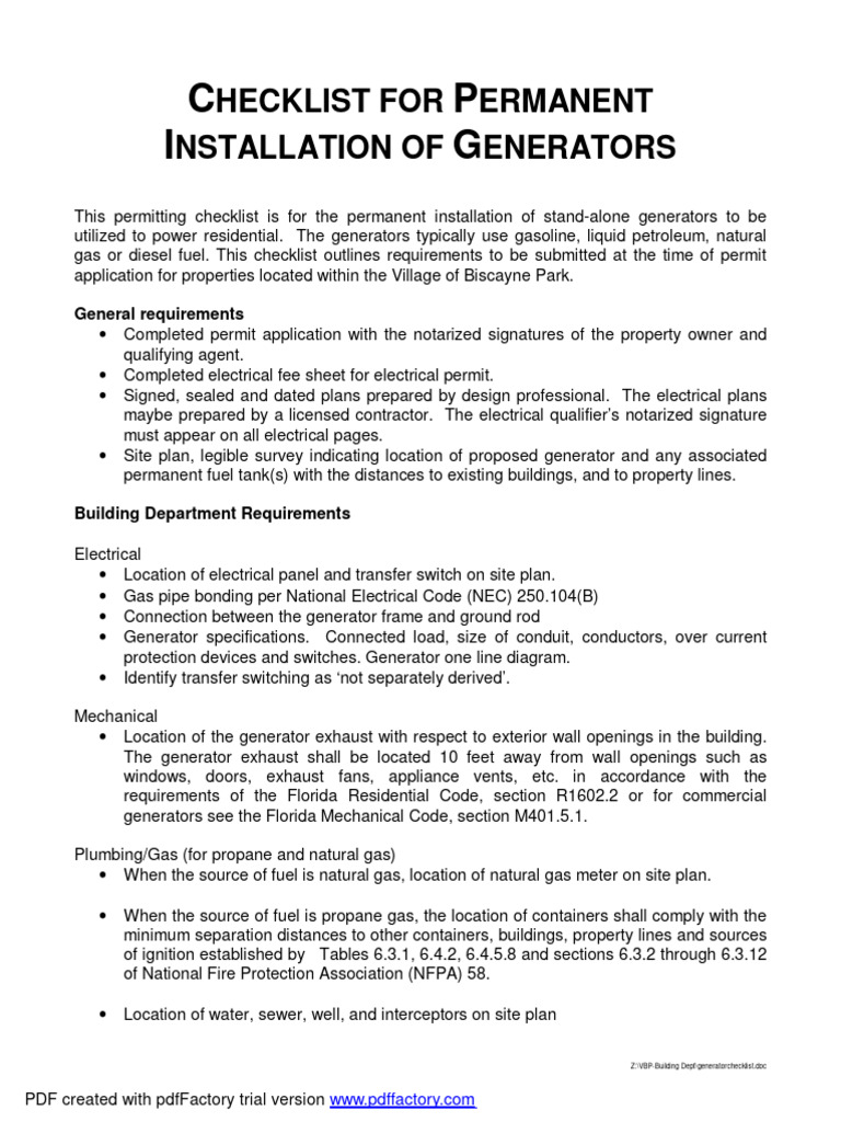 BLDG Dept Genorator Checklist PDF | PDF | Natural Gas | Energy Technology