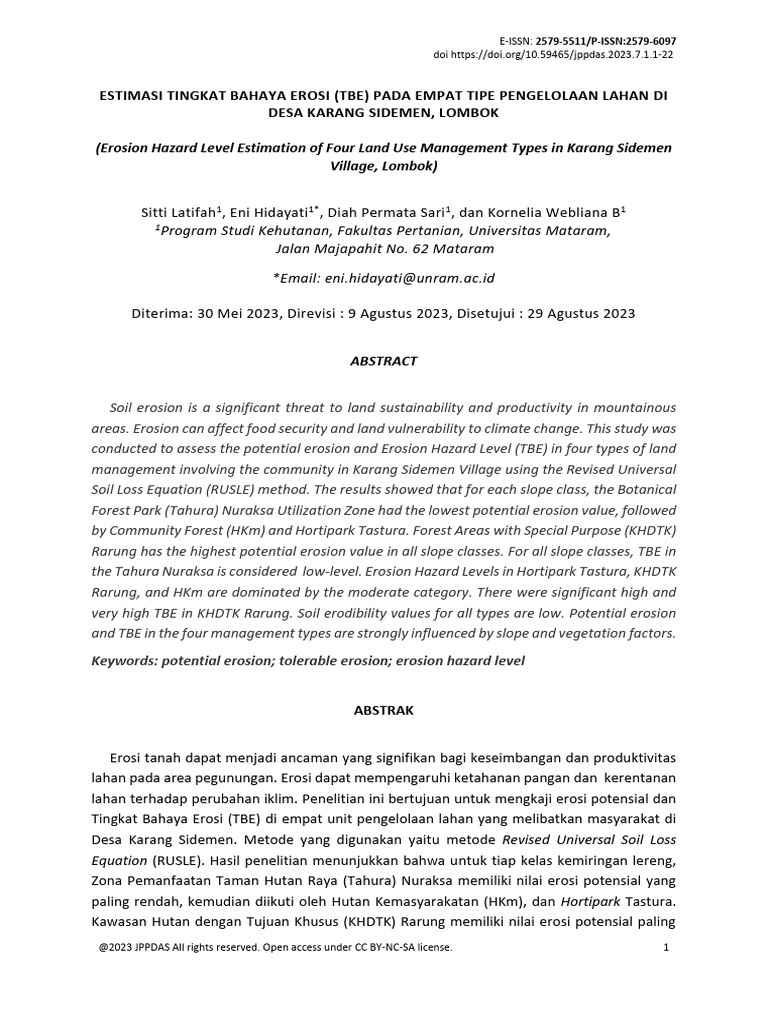 Estimasi Tingkat Bahaya Erosi (Tbe) Pada Empat Tipe Pengelolaan Lahan ...