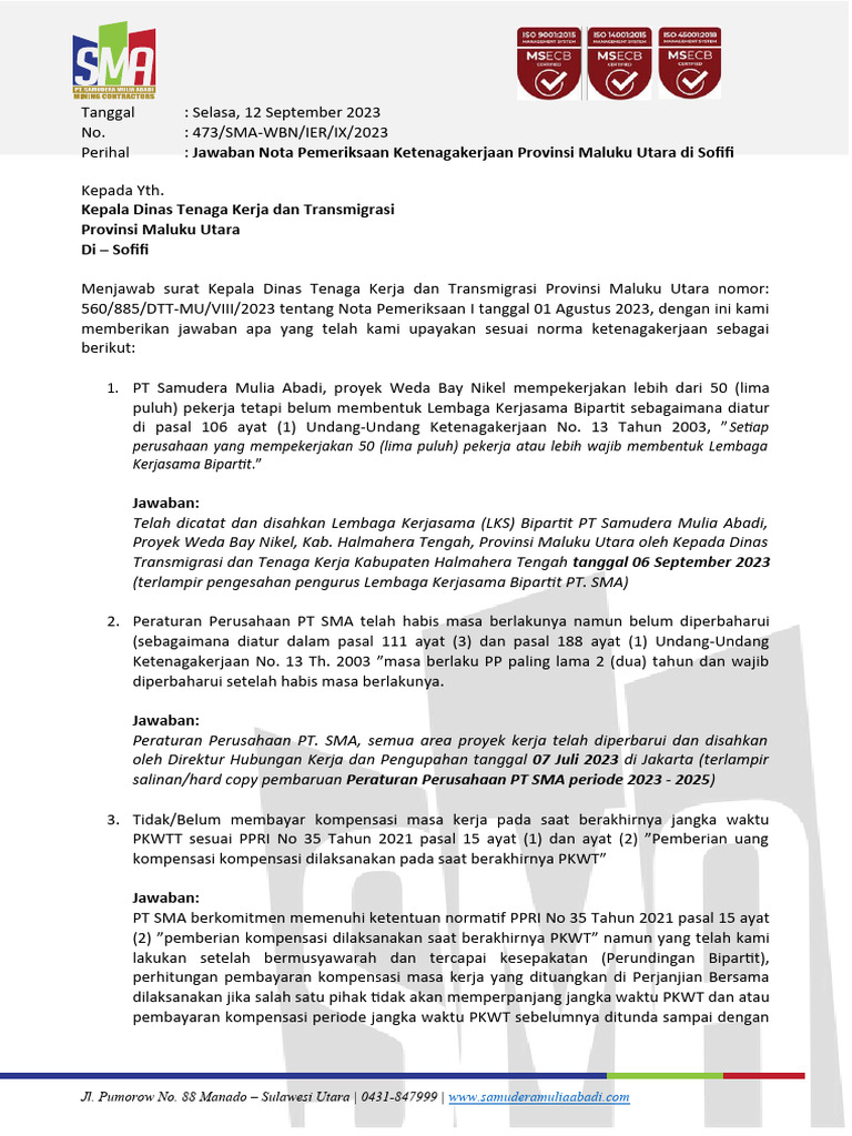 Jawaban Nota Pemeriksaan Ketenagakerjaan Prov Malut | PDF