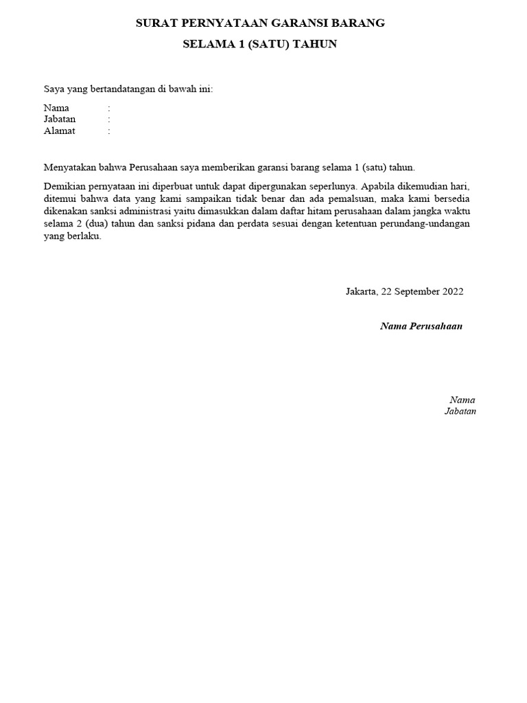 SURAT PERNYATAAN GARANSI BARANG SELAMA 1 | PDF