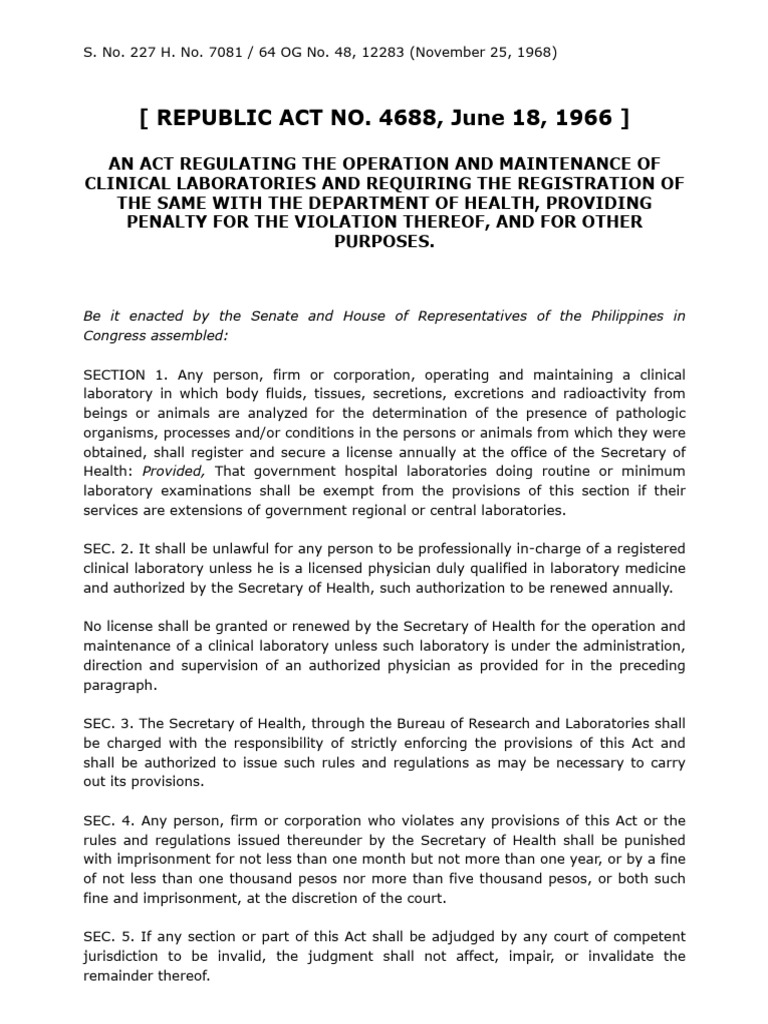 (5A) RA 4688 - Clinical Laboratory Act of 1966 | PDF | Medical Laboratory | U.S. Securities And ...