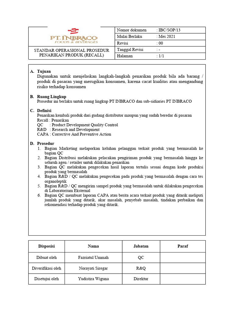 SOP Penarikan Produk (Recall) | PDF