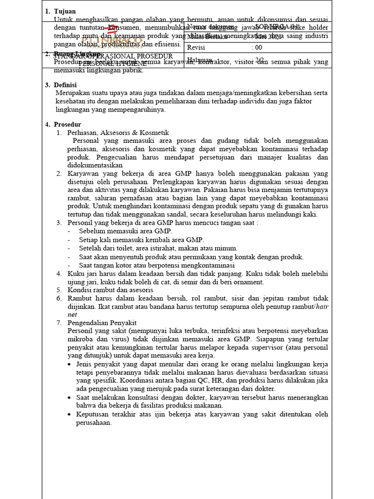 HRGA SOP-4 Personal Hygiene | PDF