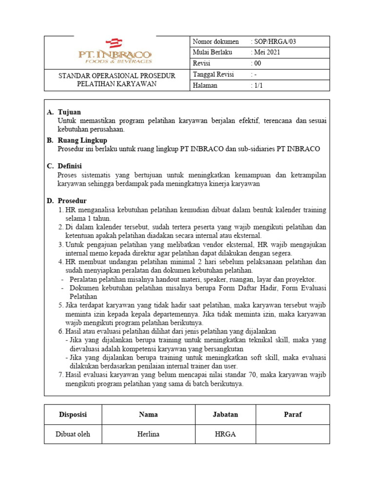 HRGA SOP-3 Pelatihan Karyawan | PDF