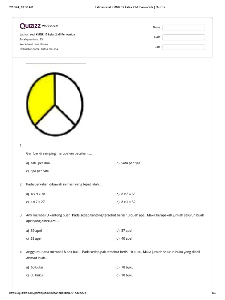 NEW Latihan Soal KMNR 17 Kelas 2 MI Perwanida - Quizizz | PDF