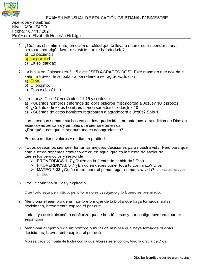 Examen Mensual de Educación Cristiana | PDF