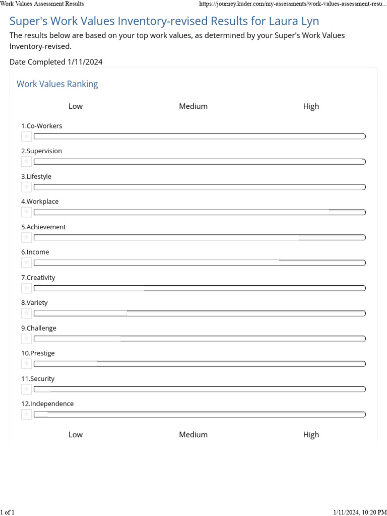 Laura Lyn's Work Values Assessment Results | PDF