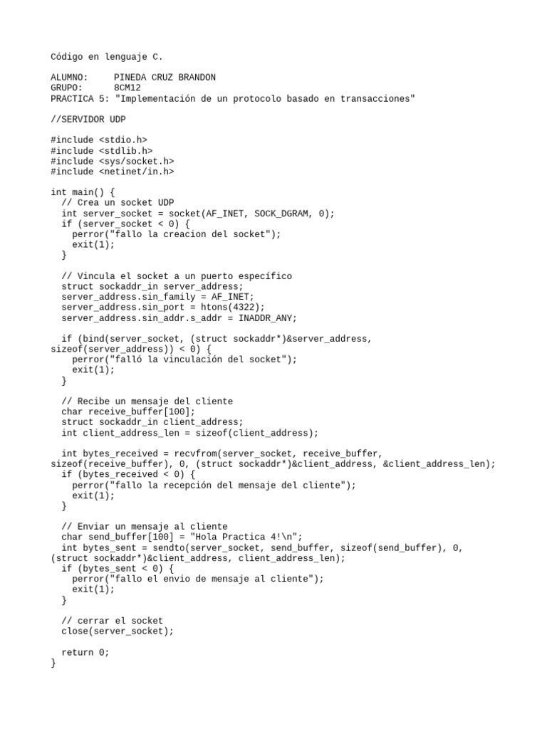 Practica 5 Implementacion de Un Protocolo Basado en Transacciones | PDF | Network Socket | Data ...