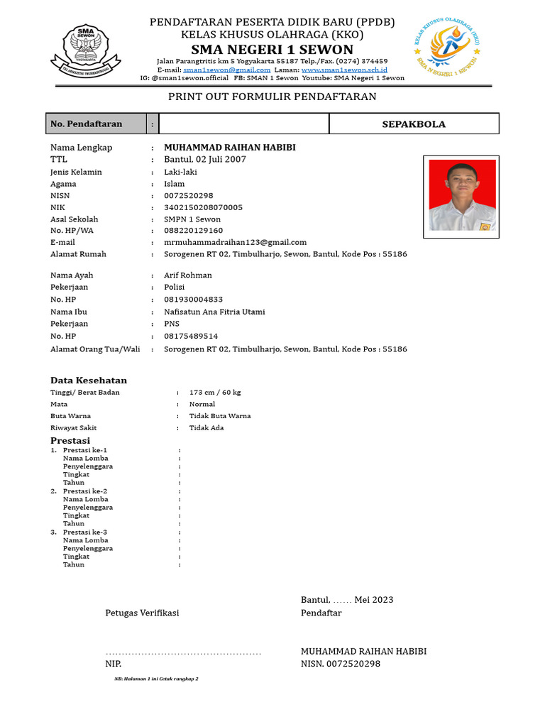 Formulir PPDB KKO SMA Sewon | PDF