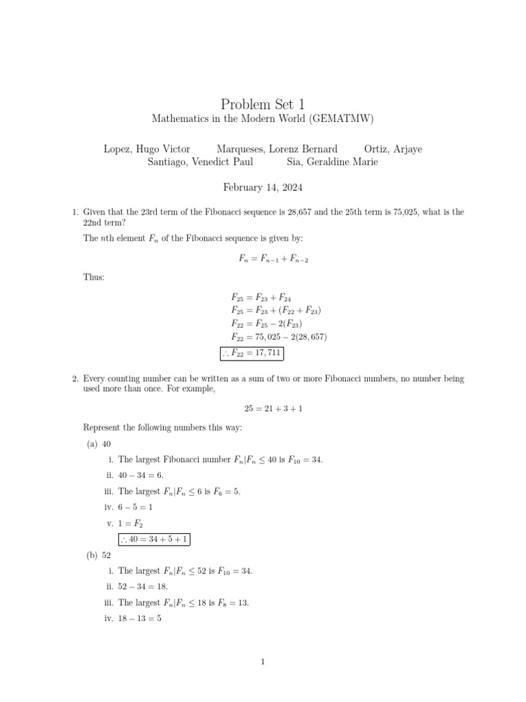 Problem Set 1: Mathematics in The Modern World (GEMATMW) | PDF | Argument | Mathematical Concepts