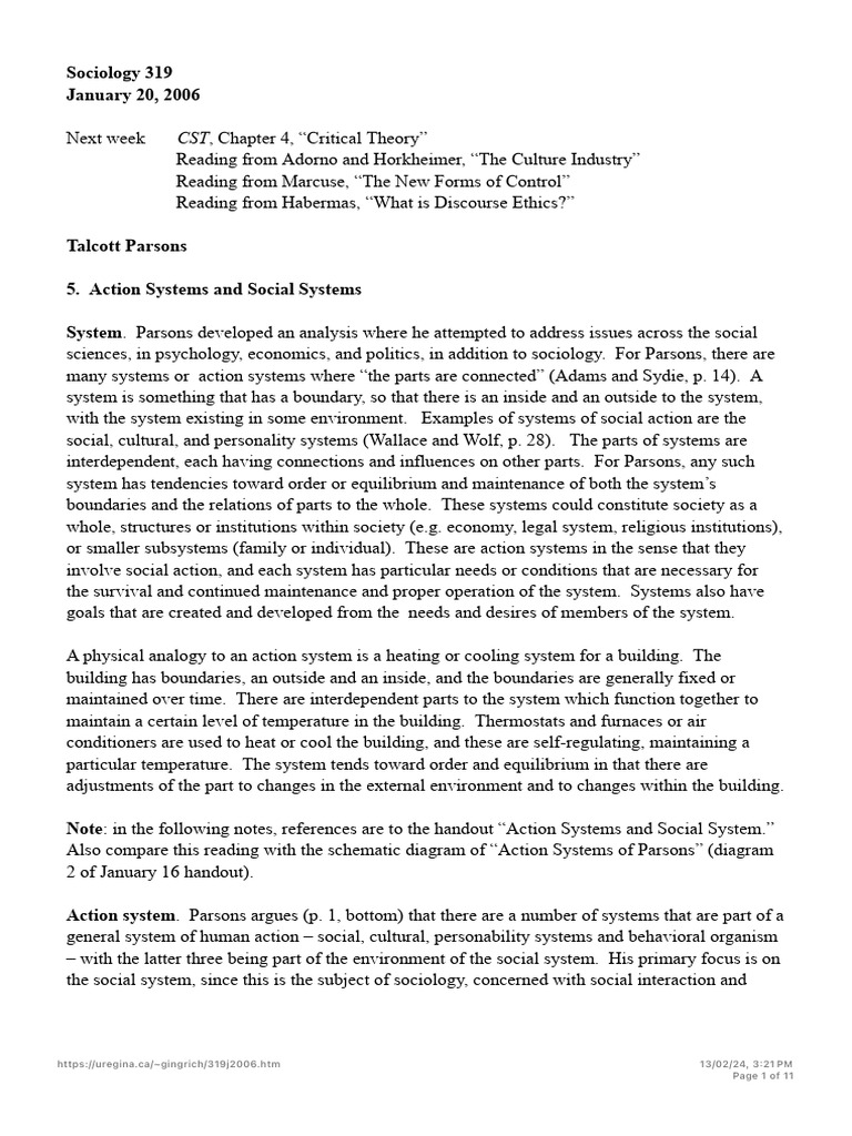 Talcott Parsons' Social Systems Theory | PDF | System | Motivation