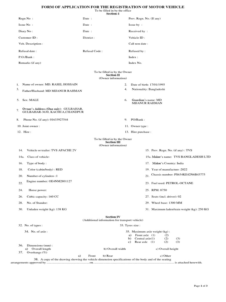 Motorcycle Registration Application Form | PDF | Axle | Transport
