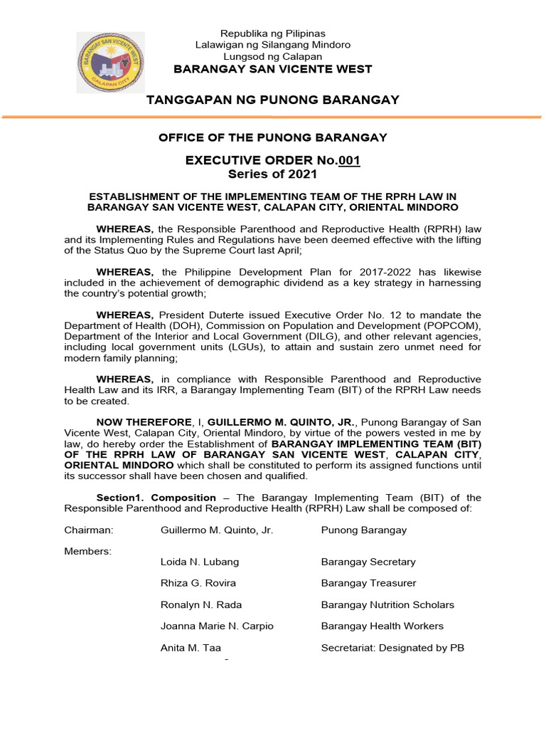 E - 2020 Implementing Teams of The RPRH Law in Barangay | PDF ...