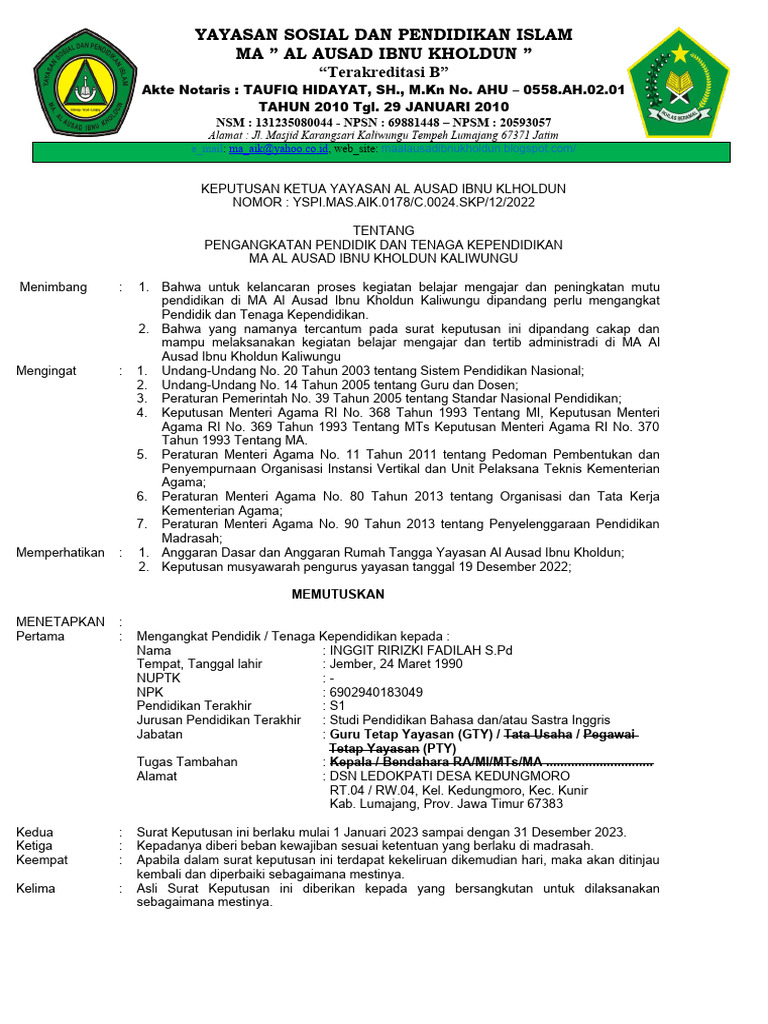 Contoh SK Pengangkatan Pendidik Dan Tenaga Kependidikan Revisi | PDF