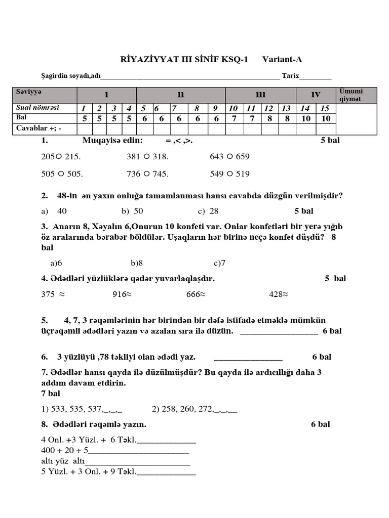 3 Cü Si̇ni̇f Ri̇yazi̇yyat KSQLƏR Yekun Kənan Müəlli̇m 2023 | PDF