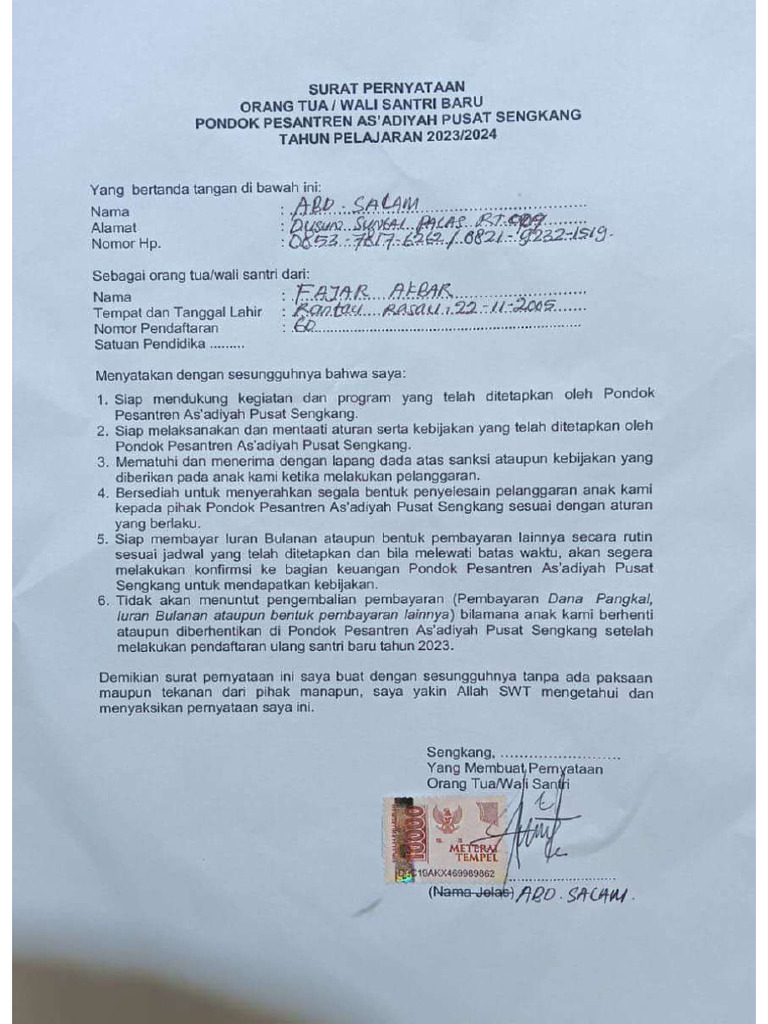 Surat Pernyaataan Orangtua Fajar Akbar | PDF