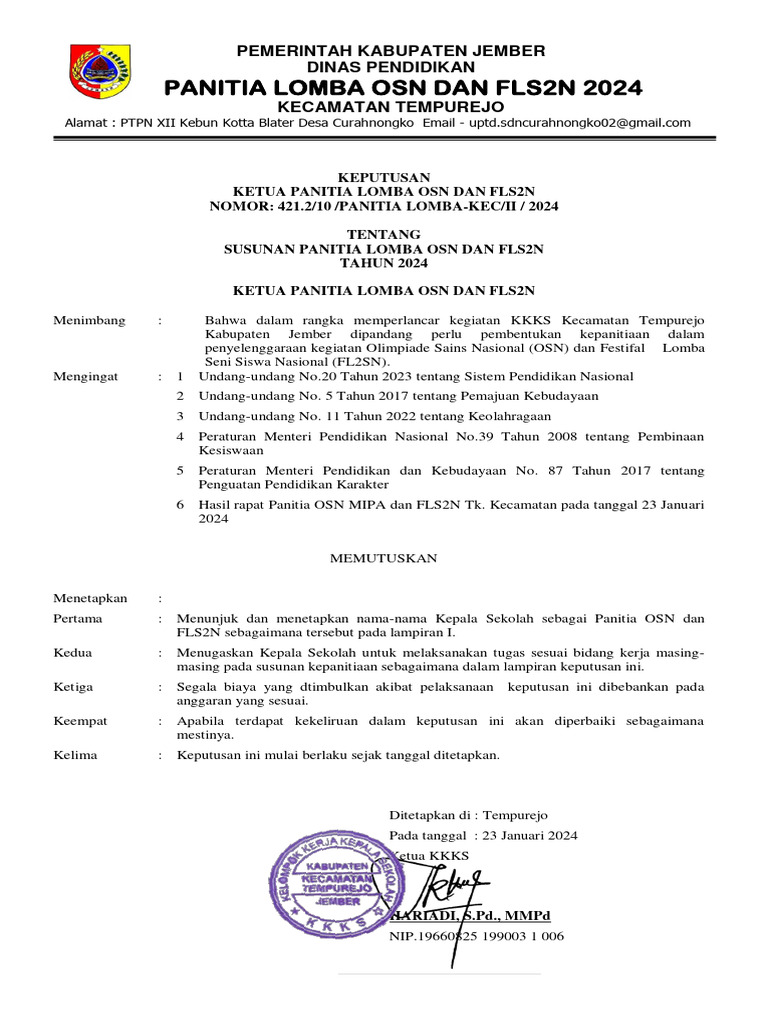 SK Panitia OSN dan FLS2N 2024 Tempurejo | PDF