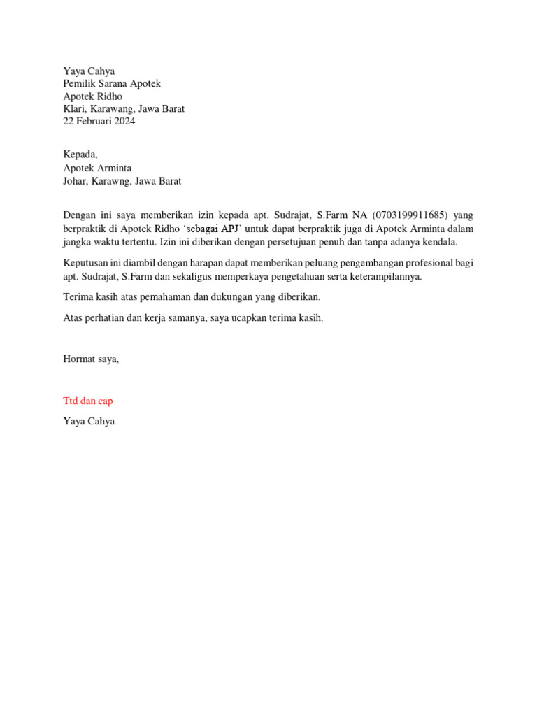 Surat Pemberian Izin SIPA 1 Ke SIPA 2 | PDF