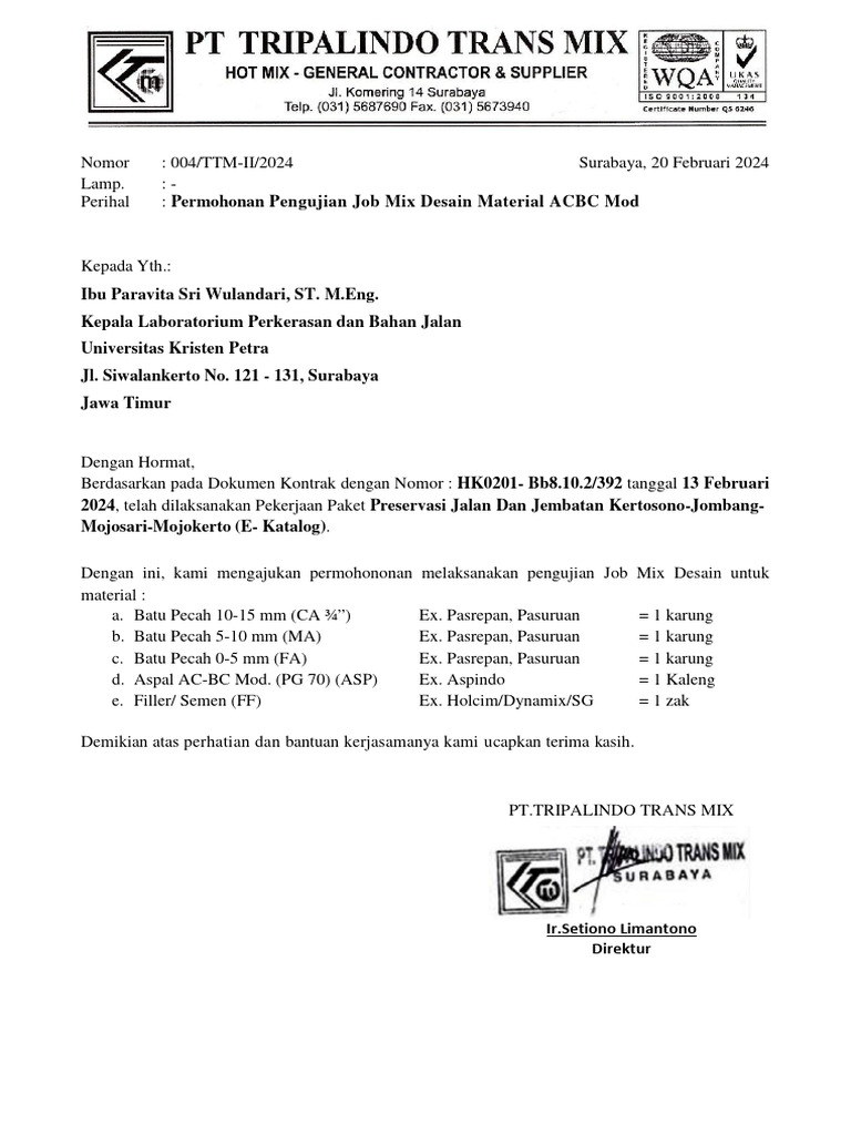 4-Surat Permohohan Pengujian Job Mix Desain Acbc Mod | PDF