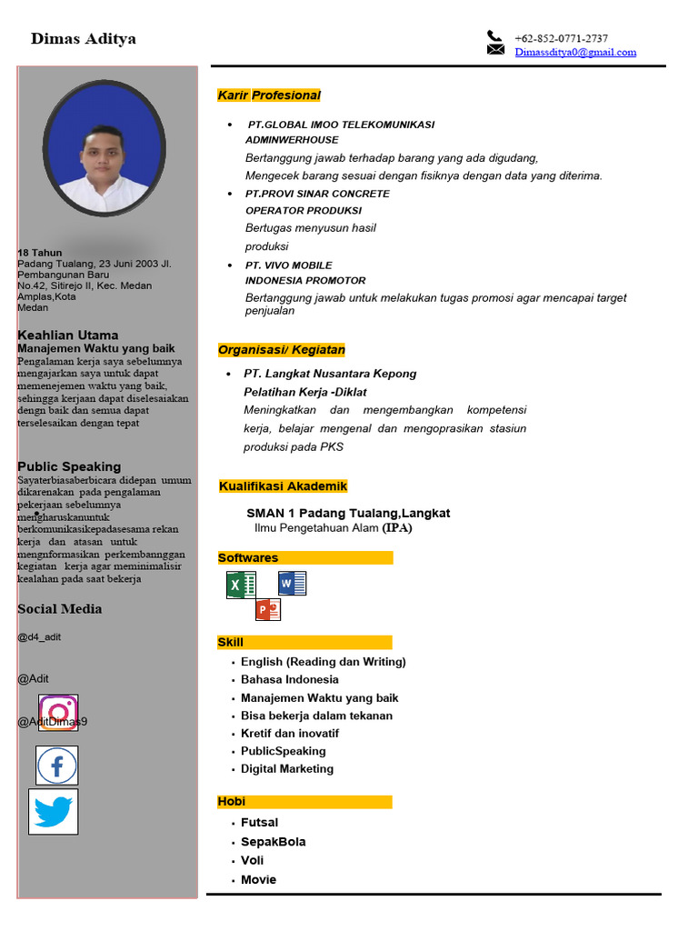 CV Dan Surat Lamaran Kerja Dimas Aditya | PDF