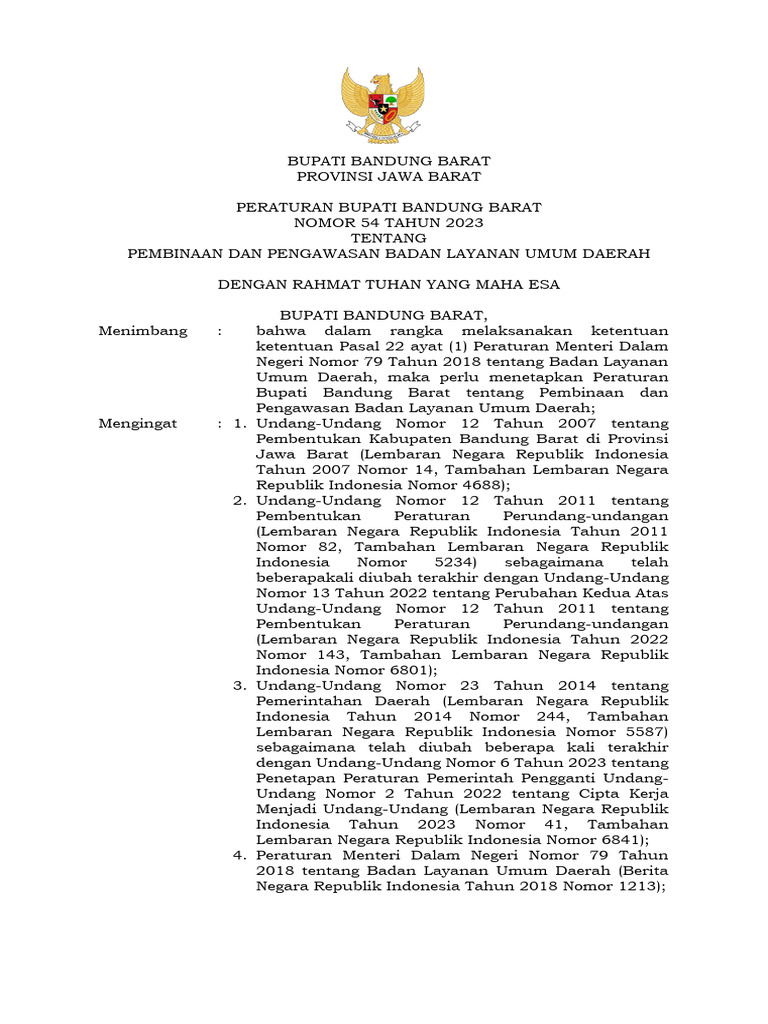 Perbup Nomor 54 Tahun 2023 Tentang Pembinaan Dan Pengawasan Blud | PDF