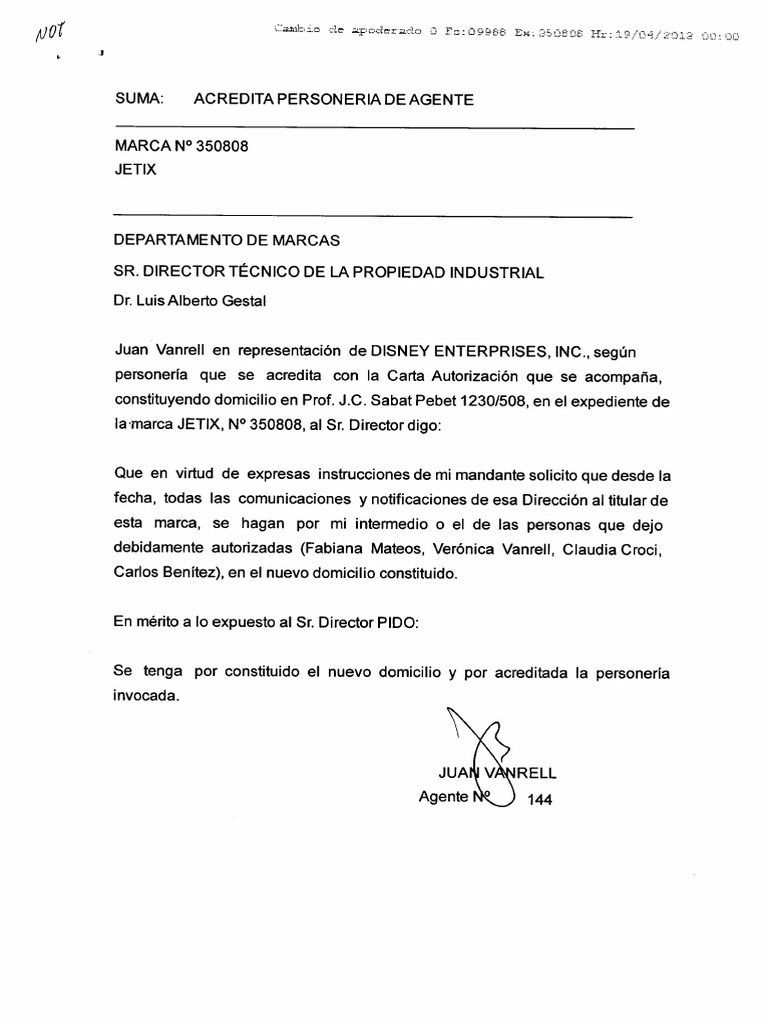 Docum - Cambio de Apoderado (Doc 9988) Solic - 350808 - Jetix - Disney Enterprises - Inc | PDF
