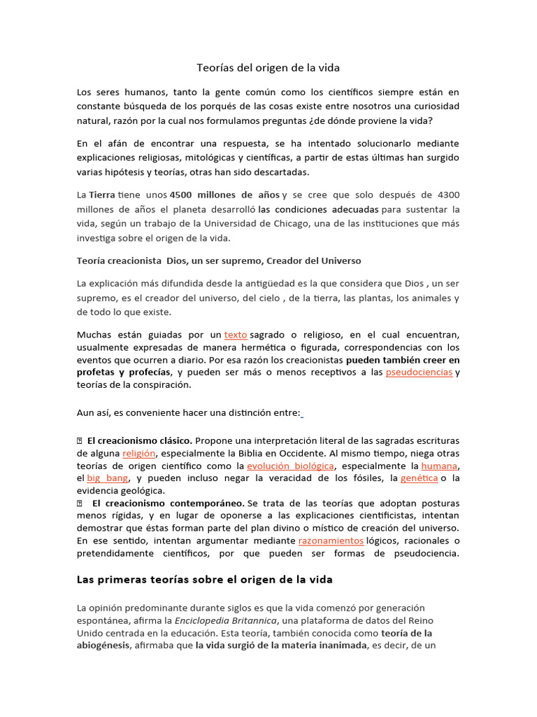 Teorías sobre el origen de la vida | PDF | Abiogénesis | Creacionismo