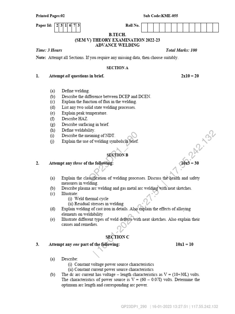 Btech Me 5 Sem Advance Welding Kme055 2023 | PDF | Construction | Welding