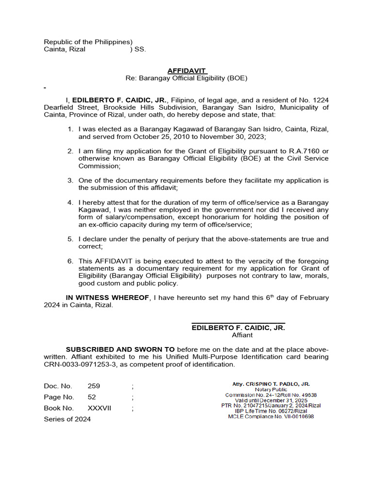 Barangay Official-Csc Eligibility-Edilberto F. Caidic, Jr. (2024) | PDF