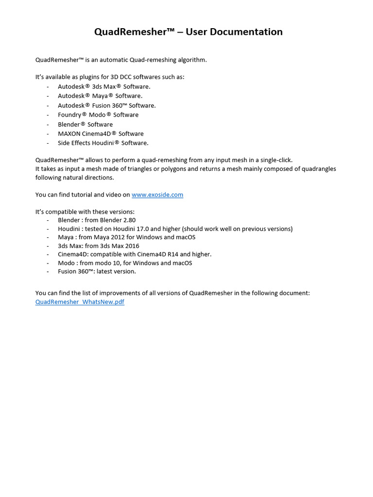 QuadRemesher 1.3 UserDoc | PDF | Autodesk 3ds Max | Installation (Computer Programs)